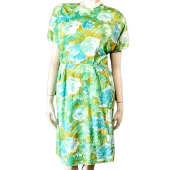 Vintage | Dresses | 96s Vintage Bright Green Floral Fitted Sheath Dress ...